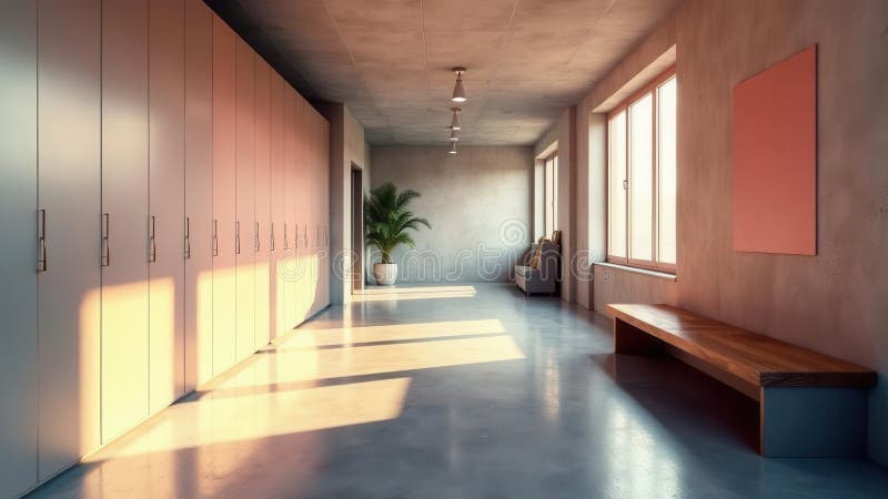 Sunlit Corridor with Lockers and Bench a Modern Interior Design ...