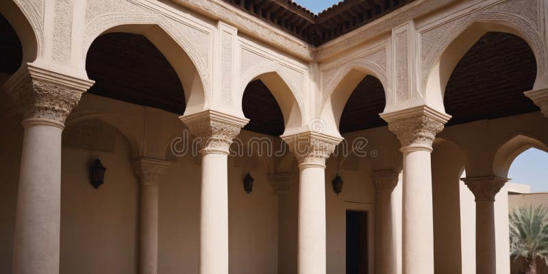 Sunlit Courtyard with Ornate Arches and Columns Stock Illustration ...