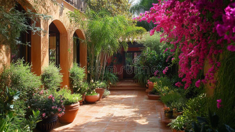 Sunlit Courtyard with Terracotta Pots and Lush Greenery Stock ...