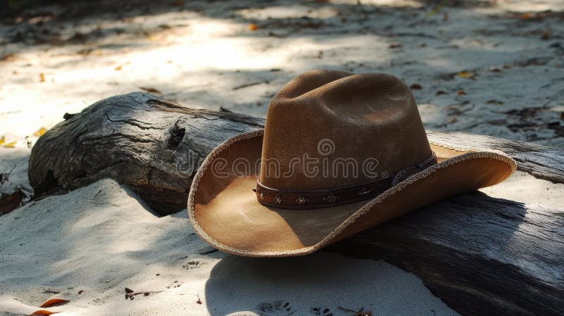 Sunlit Cowboy Hat Resting on Driftwood at Sandy Beach Stock Photo ...