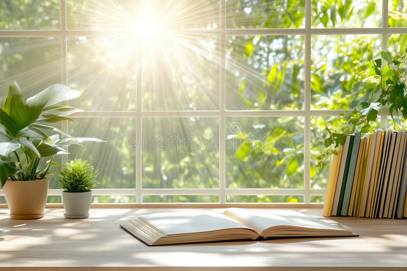 Sunlit Cozy Reading Nook with Open Book and Potted Plants by Large ...