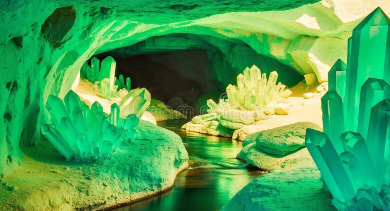 Sunlit Crystal Cave with Green Hues and a Waterway. Stock Illustration ...