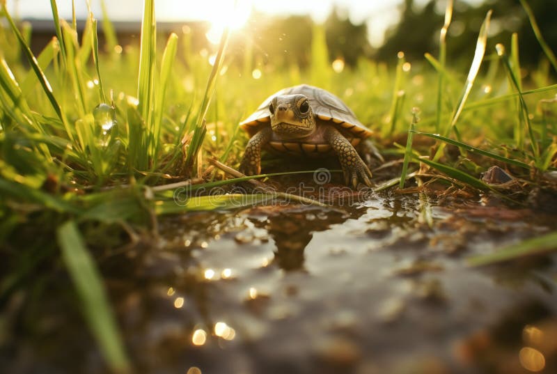 Sunlit Cute Little Turtle Outdoors Stock Illustration - Illustration of ...