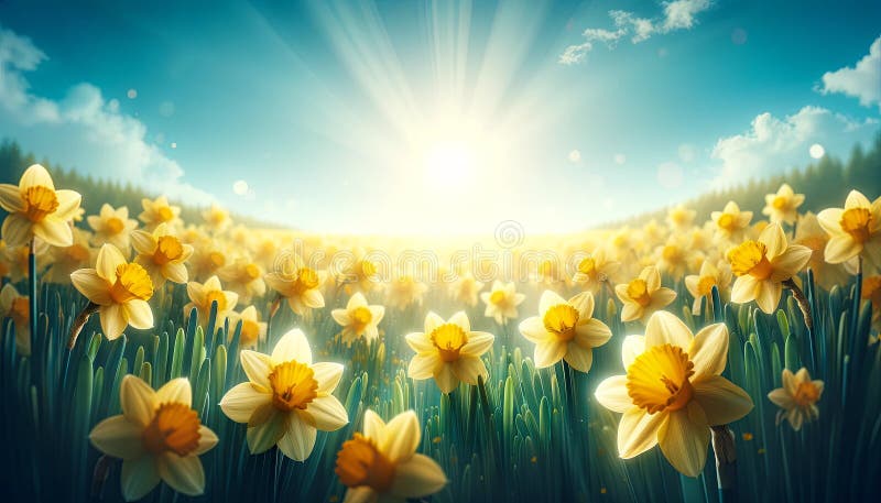 Sunlit Daffodil Field in Springtime Easter Background Stock Image ...