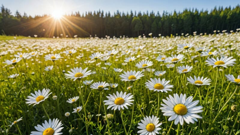 Sunlit Daisy Field with a Forest Backdrop, Showcasing Nature S Beauty ...