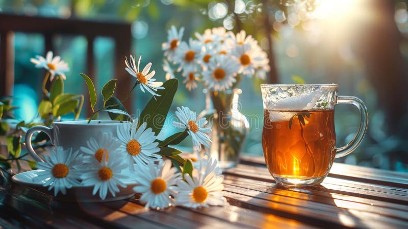 Sunlit Daisy Tea with Flowers - Generative Ai Stock Illustration ...
