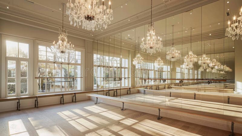 Sunlit Dance Studio with Mirrors and Chandeliers Stock Photo - Image of ...
