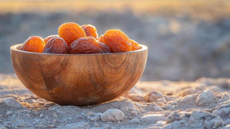 Sunlit Dates in Wooden Bowl on Desert Sand Stock Illustration ...