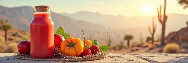 Sunlit Desert Picnic with Fresh Juice and Fruits at Sunset Stock Photo ...