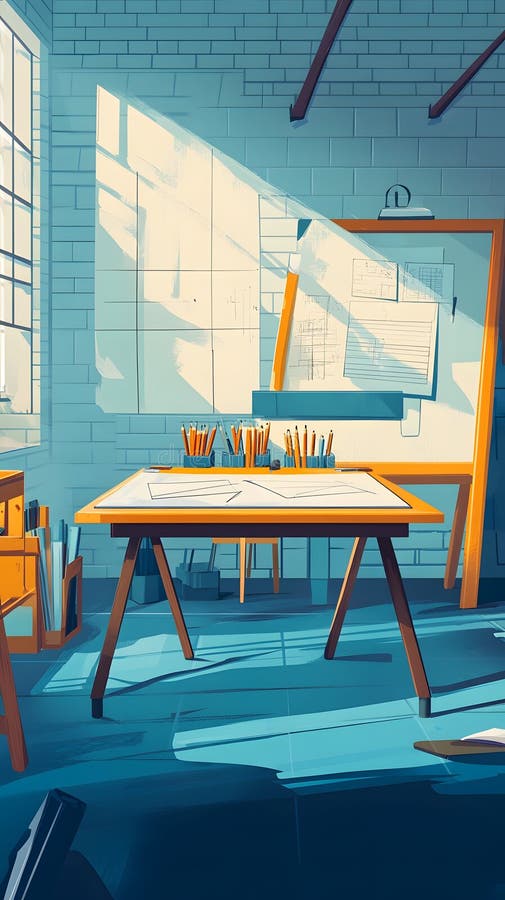 Sunlit Design Studio: Workspace with Drawing Board and Pencils Stock ...