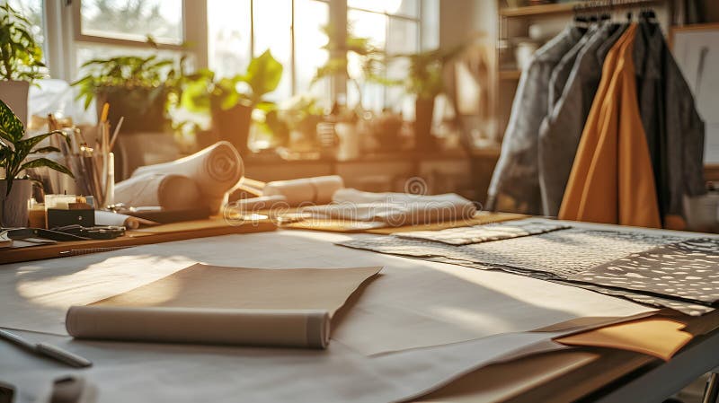 Sunlit Design Studio Workspace with Fabrics and Tools Stock ...
