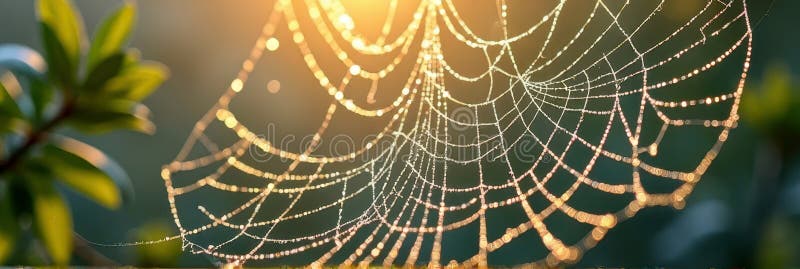Sunlit Dew-covered Spider Web with Greenery at Dawn Stock Illustration - Illustration of glow ...