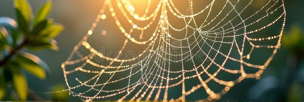 Sunlit Dew-covered Spider Web with Greenery at Dawn Stock Illustration - Illustration of glow ...