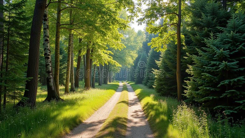 Dirt Path through Forest with Green Trees Stock Illustration ...