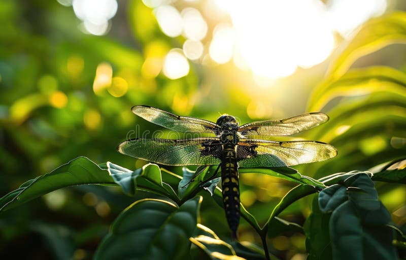 Sunlit Dragonfly on Leaf stock illustration. Illustration of bright ...