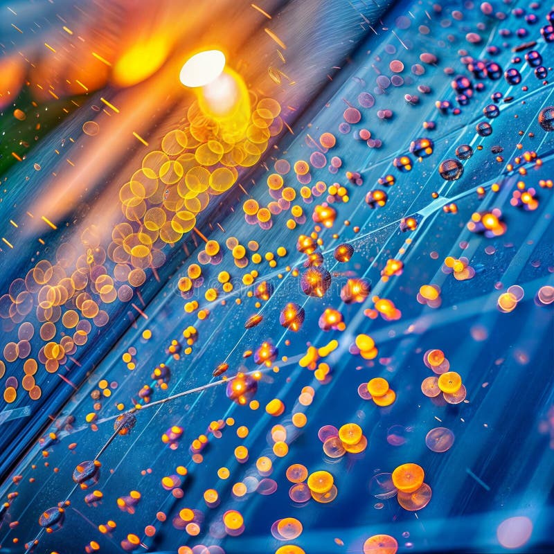 Sunlit Droplets on Solar Panel: Orange Glow Highlights Cool Blue ...