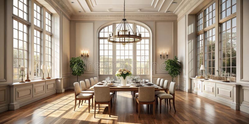 Sunlit Elegant Dining Room with Large Windows and Formal Table Setting ...