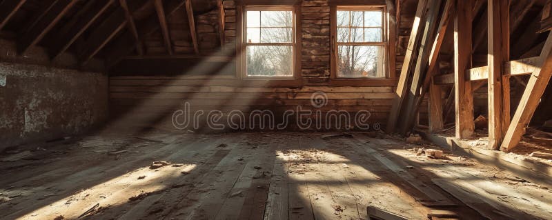 Sunlit Empty Attic with Wooden Beams Stock Photo - Image of space ...