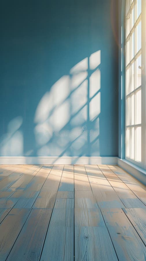 Sunlit Empty Blue Room with Wooden Floor and Window Shadows, Indoor ...