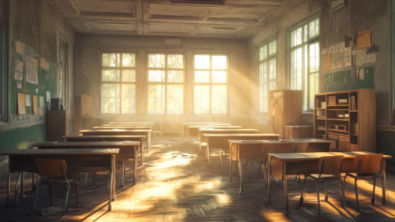 Sunlit Empty Classroom: Abandoned School Interior Stock Illustration ...