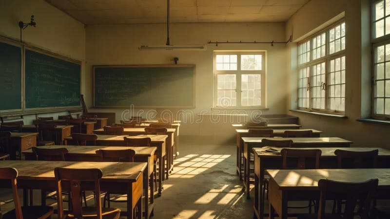 Sunlit Empty Classroom Desks and Chalkboard Good Resolution Stock Photo ...