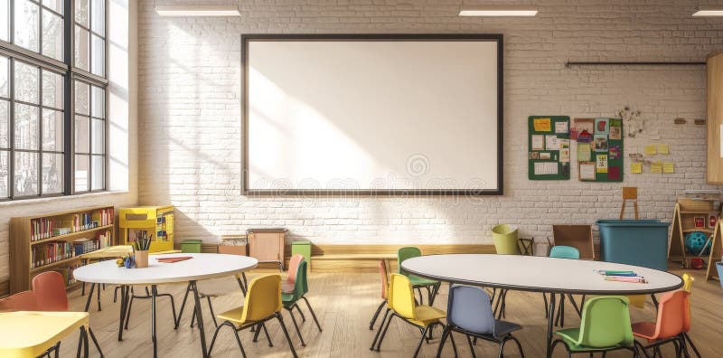 A Sunlit, Empty Classroom Features a Blank Whiteboard with Ample Copy ...