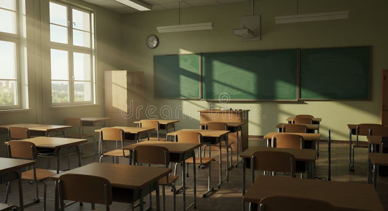 Sunlit Empty Classroom, Vintage School Desk Setup, Green Chalkboard ...