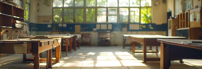 Sunlit Empty Classroom with Wooden Desks and Large Windows. Education ...