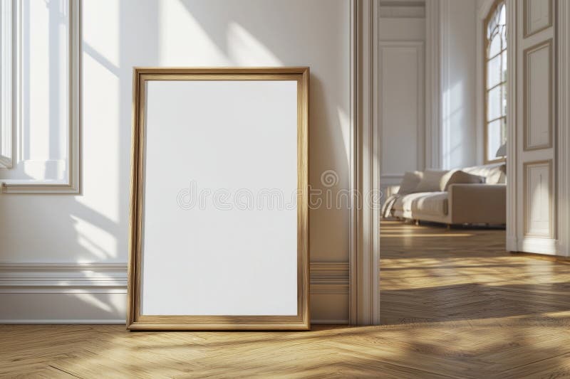 Sunlit Empty Frame Against Elegant Wall in Modern Living Room Stock ...