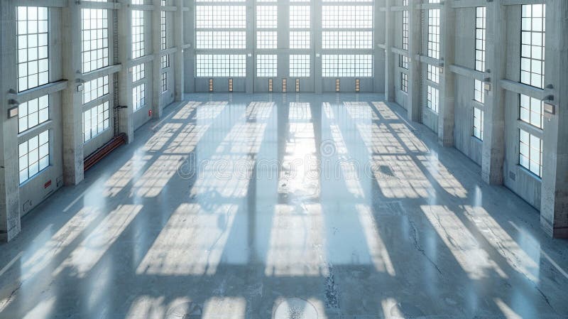 Sunlit Empty Industrial Hall with Large Windows. Generative Ai Stock ...