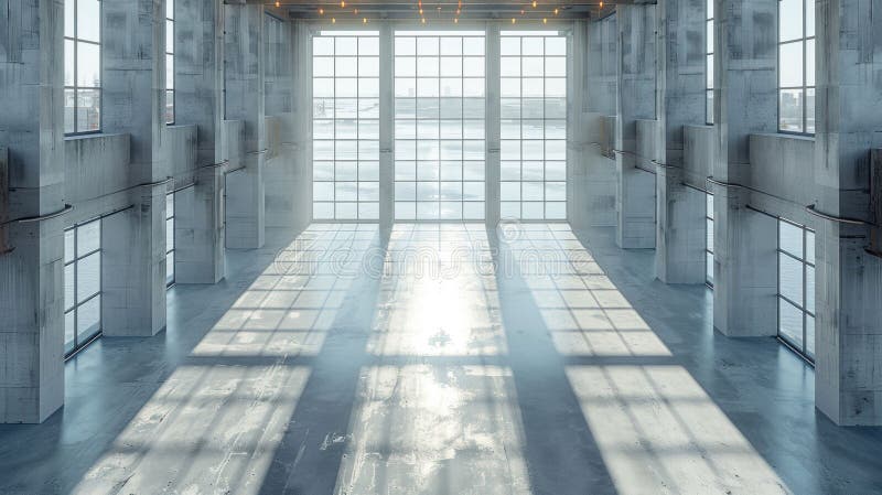 Sunlit Empty Industrial Hall with Large Windows. Generative Ai Stock ...