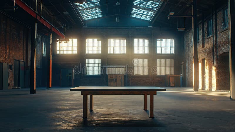 Sunlit Empty Industrial Warehouse Interior with Table Stock Image ...