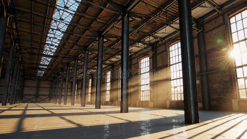 Sunlit Empty Industrial Warehouse with Steel Beams and Large Windows ...