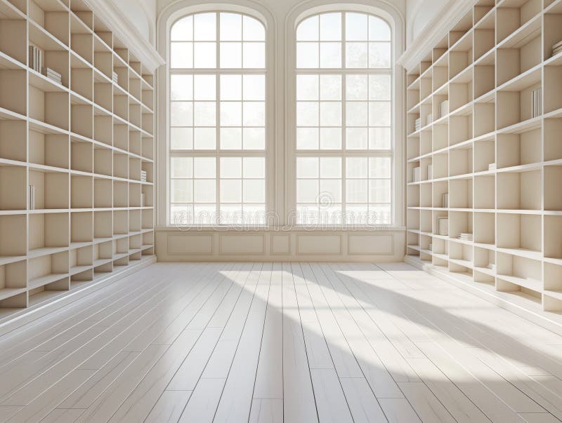 Sunlit Empty Library with Tall Windows Stock Image - Image of peaceful ...