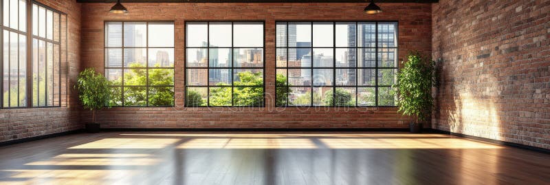 Sunlit Empty Loft Space with Exposed Brick Walls and Large Windows ...