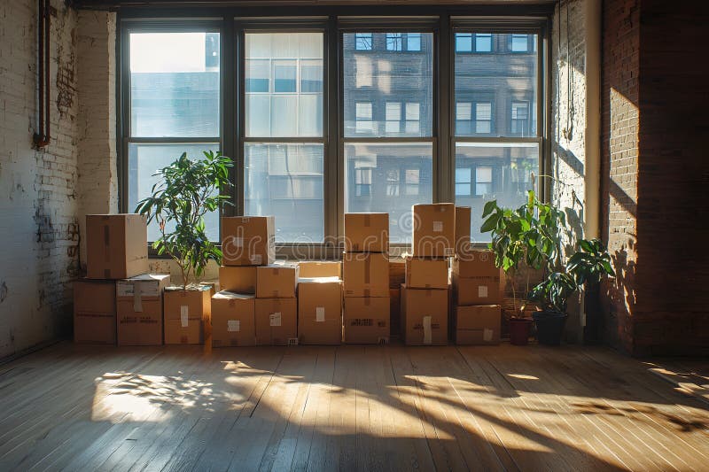Sunlit Empty Room with Cardboard Boxes and Plants for Moving or Storage ...