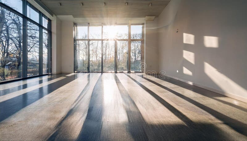 Sunlit Empty Room with Large Windows Casting Light Reflections on the ...