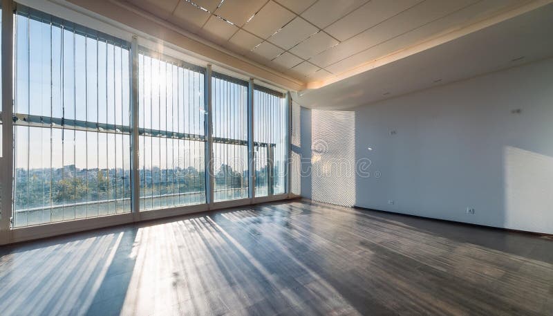Sunlit Empty Room with Large Windows Casting Light Reflections on the ...