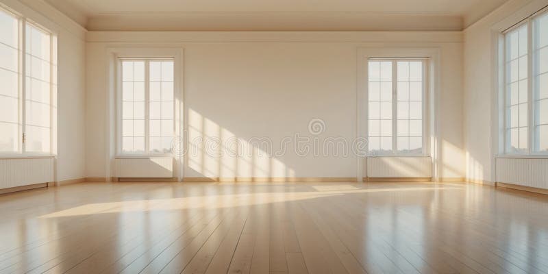 Sunlit Empty Room with Large Windows and Hardwood Floor Stock Photo - Image of ocean, drenched ...