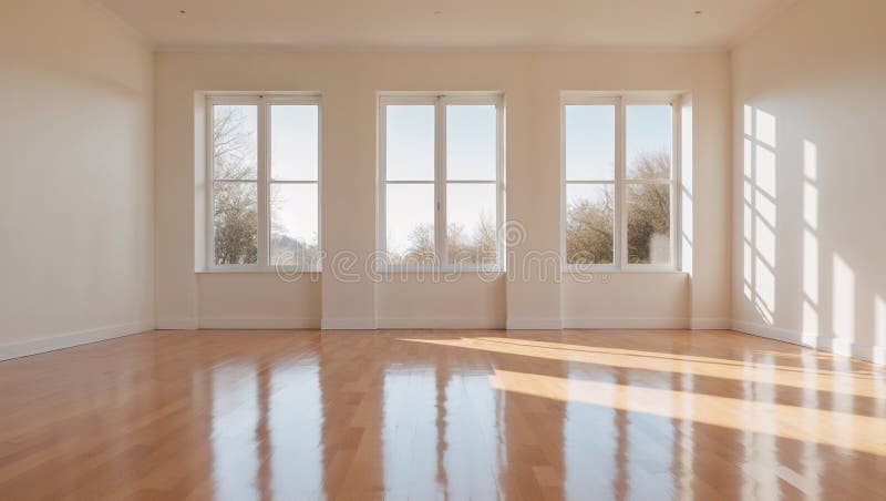 Sunlit Empty Room with Large Windows and Polished Wooden Floor. Stock ...