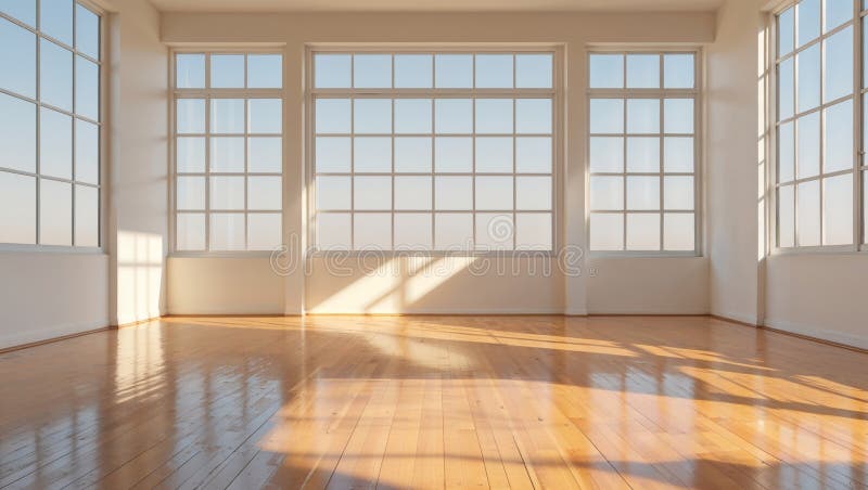 Sunlit Empty Room with Large Windows and Polished Wooden Floor Stock ...