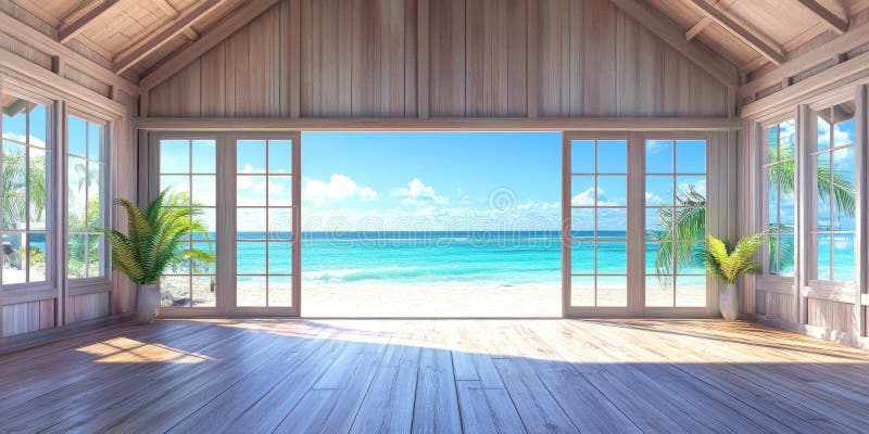 Sunlit Empty Room with Ocean View: Large Windows Frame a Coastal Scene ...