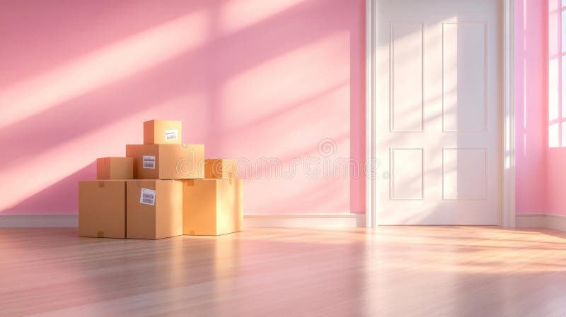 Empty Room with Cardboard Boxes during Sunset Stock Illustration ...