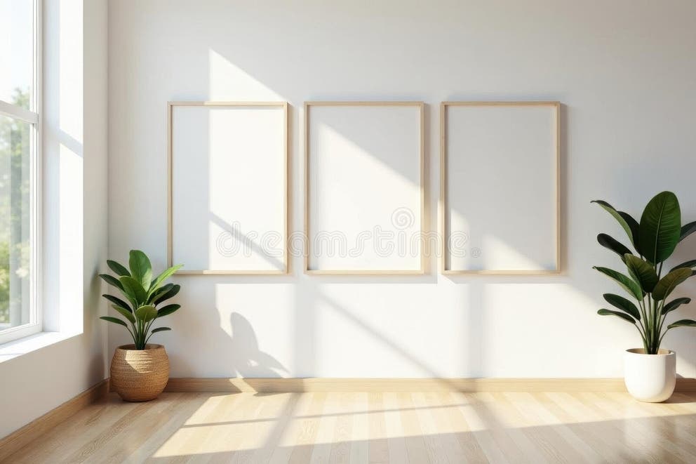 Sunlit Empty Room, Three Blank Frames on White Wall, Calm, Minimalist ...