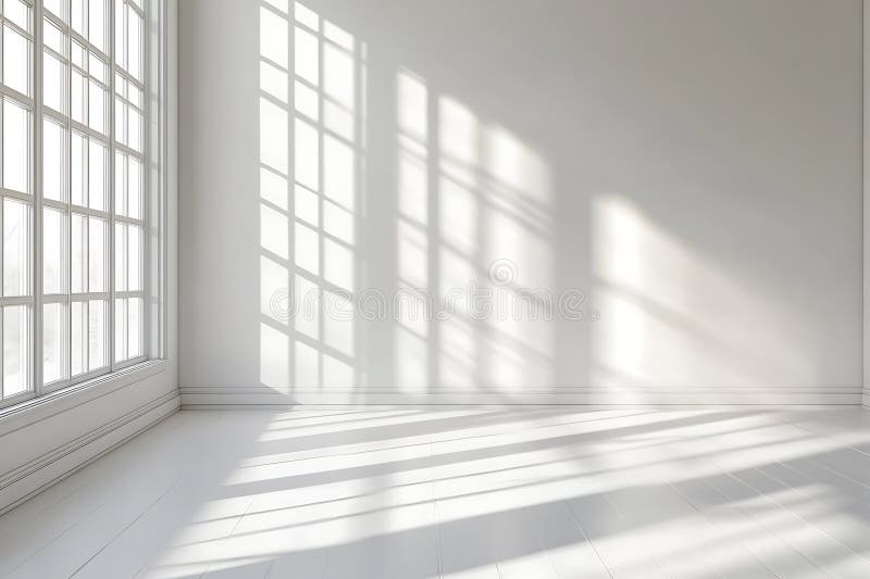 Sunlit Empty Room with White Walls and Floor, Window Light Stock ...