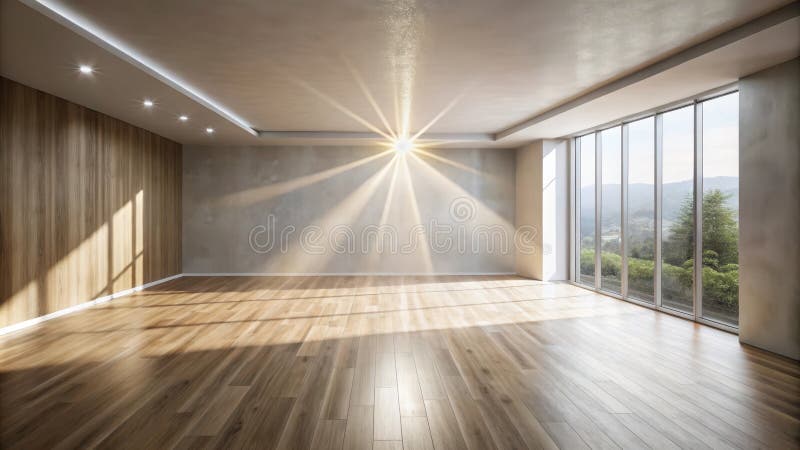 Sunlit Empty Room with Wooden Floor and Large Windows. Generative AI ...