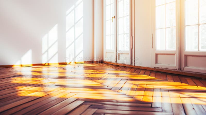 Sunlit Empty Room with Wooden Herringbone Floor and Large Windows. Warm ...