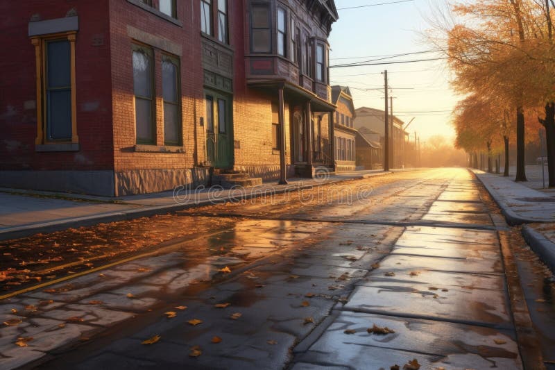 Sunlit Empty Street with Freshly Swept Pavement Stock Image - Image of ...