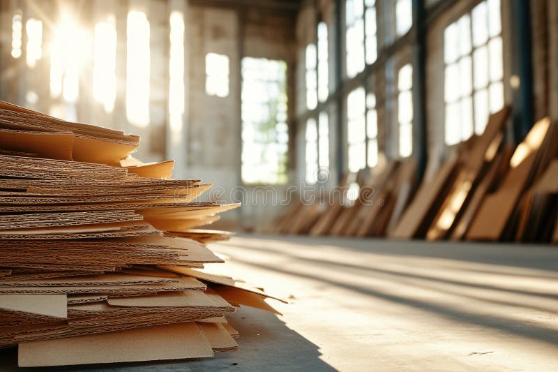 Sunlit Empty Warehouse with Stacks of Cardboard Boxes and Industrial ...