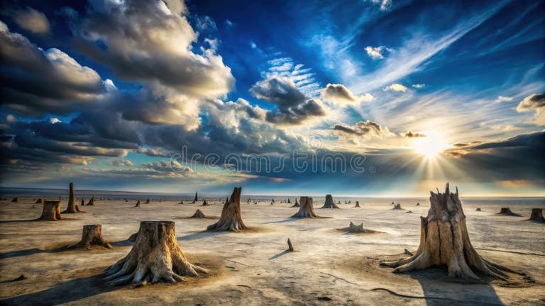 Sunlit Expanse of Ancient Tree Stumps in a Desolate, Flat Landscape ...